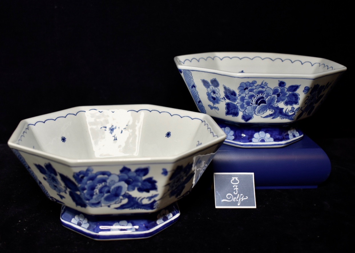 Two Dutch Blue & White Royal Delft Hand Painted Octagonal Bowls - 1980 ...