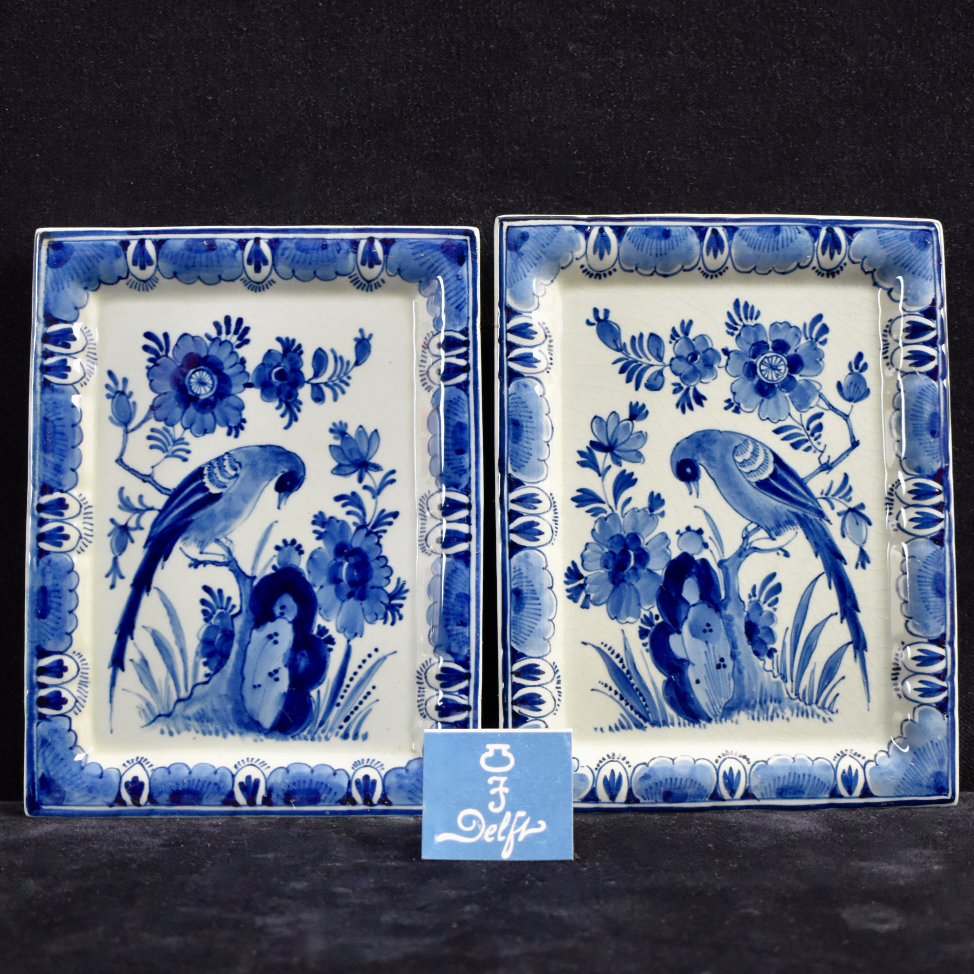 Two Very Rare Antique Dutch Blue & White Royal Delft Plaques with Birds ...