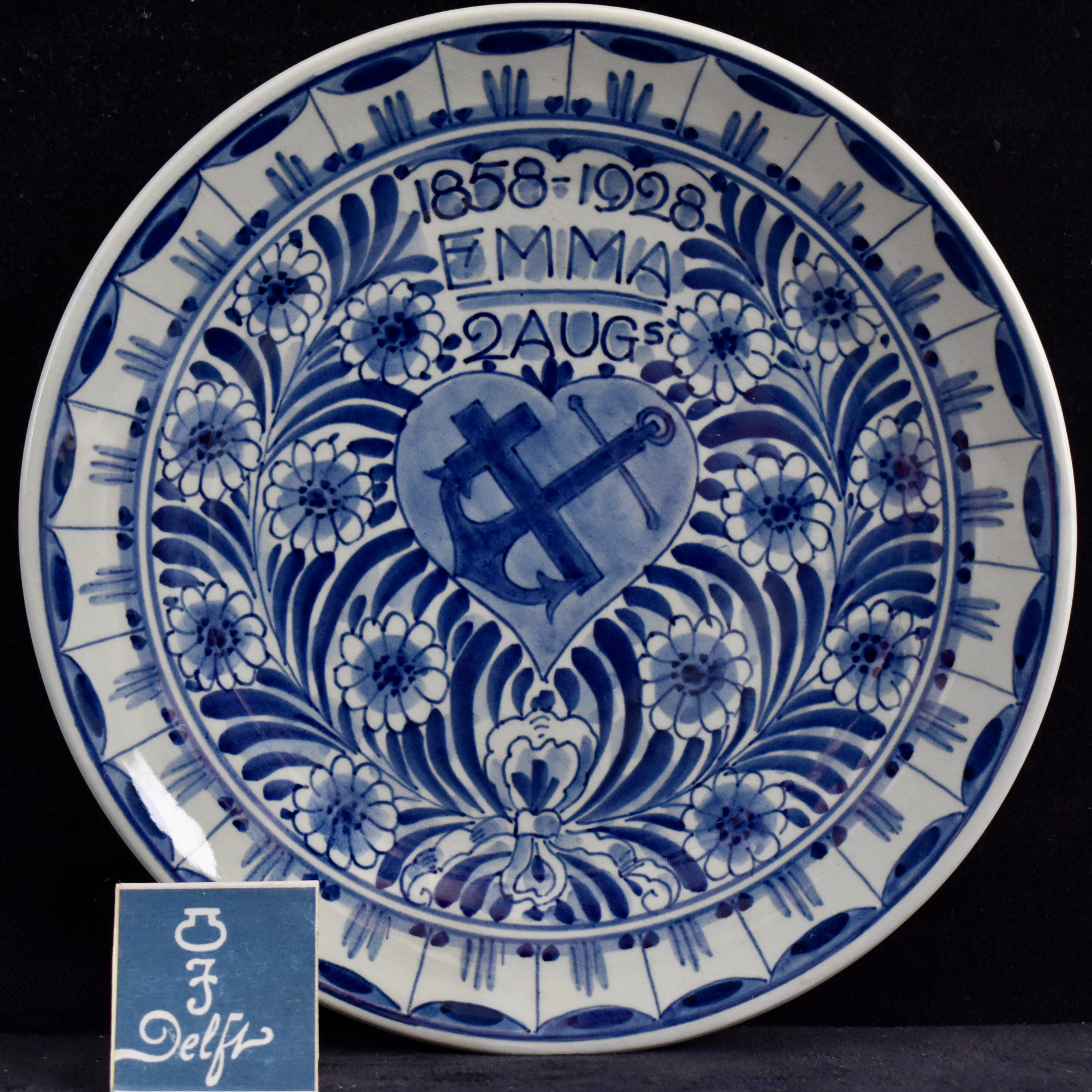 Dutch Blue & White Royal Delft Commemorative Plate Queen Emma 70th ...