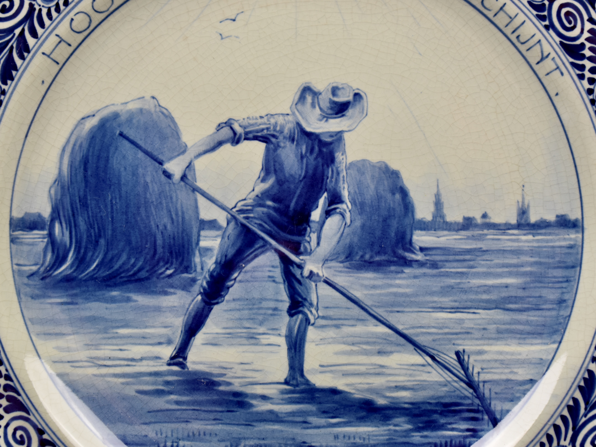 Dutch Blue & White Royal Delft Farming Plate – Raking The Hay 1929 | Hart