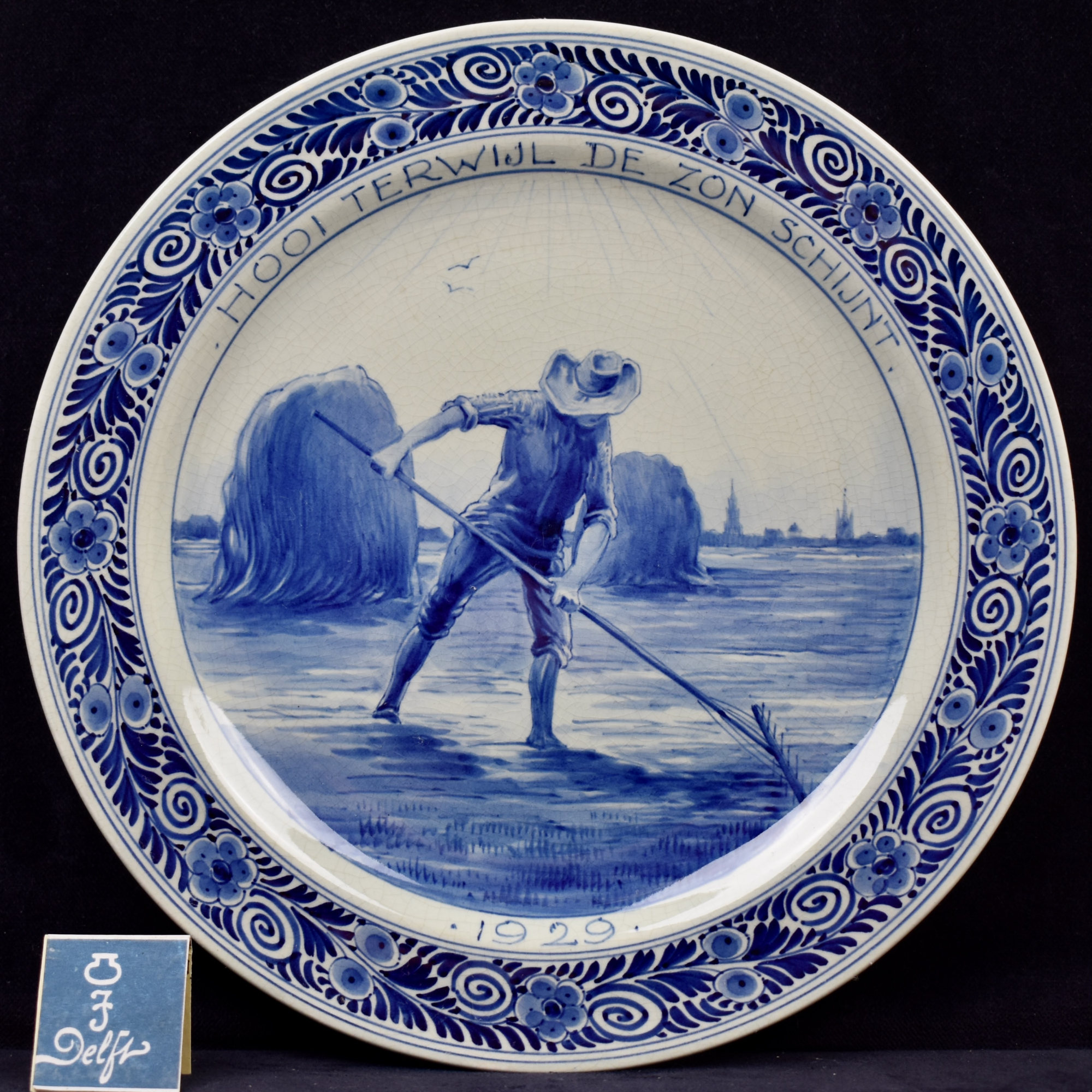 Dutch Blue & White Royal Delft Farming Plate – Raking The Hay 1929 | Hart