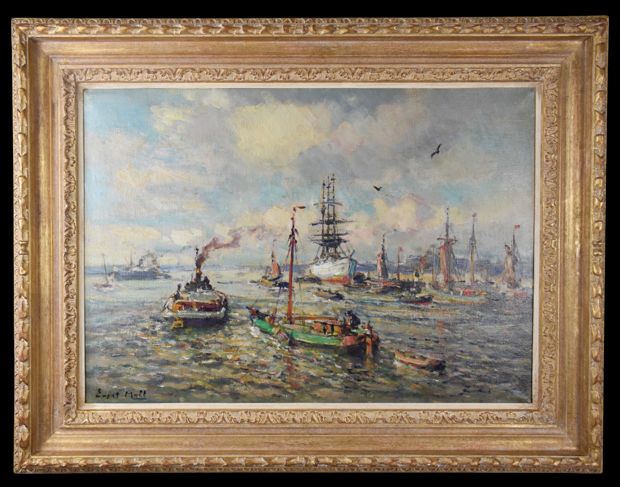 Oil Painting with Harbour View Rotterdam. Evert Moll | Hart