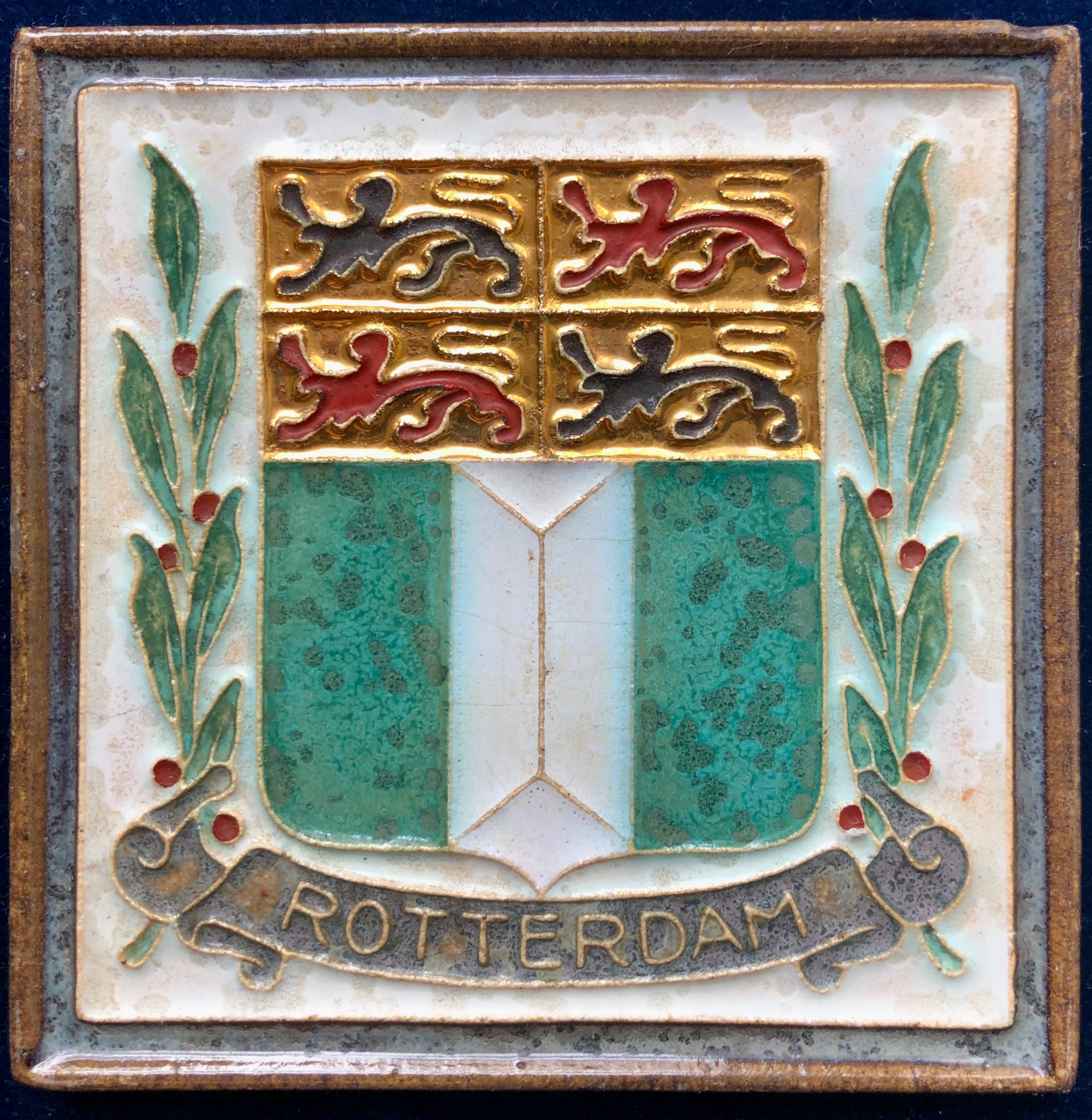 Dutch Royal Delft Polychrome Cloisonné Tile Coat Of Arms City Rotterdam