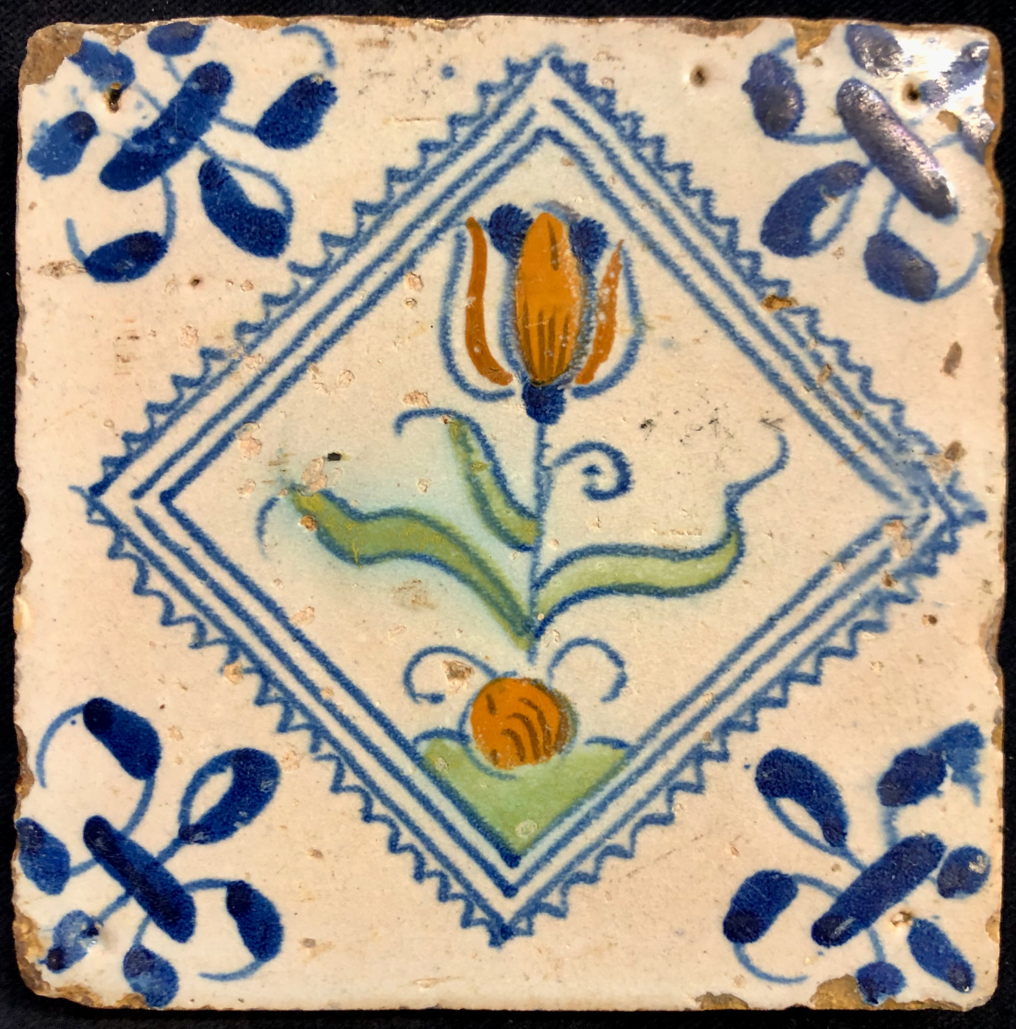 Original Antique Dutch Mid 17th Century Polychrome Delft Tile with a ...