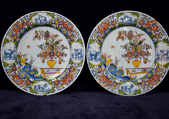 Two Antique Dutch 18th Century Mixed Technique Polychrome Delft Plates ...