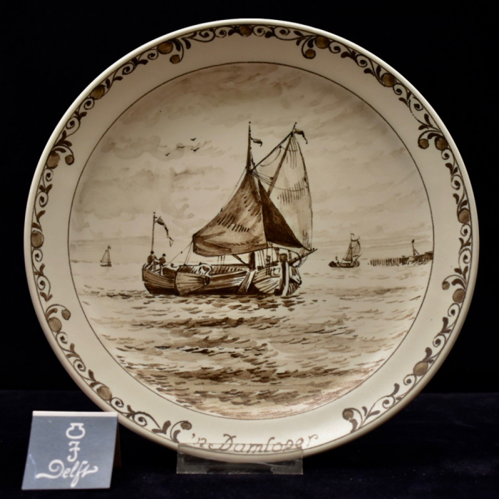 Rare Dutch Royal Delft Delsepia Hand Painted Plate. Damloper Ship ...