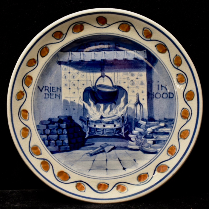 Antique Dutch Orange, Blue & White Royal Delft Great War Plate. FRIENDS ...