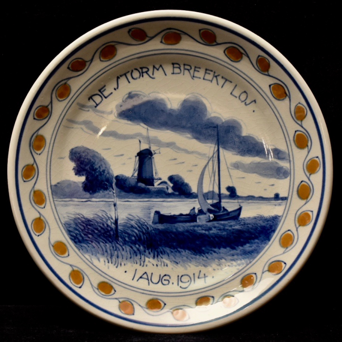 Antique Dutch Orange, Blue & White Royal Delft Great War Plate. THE ...