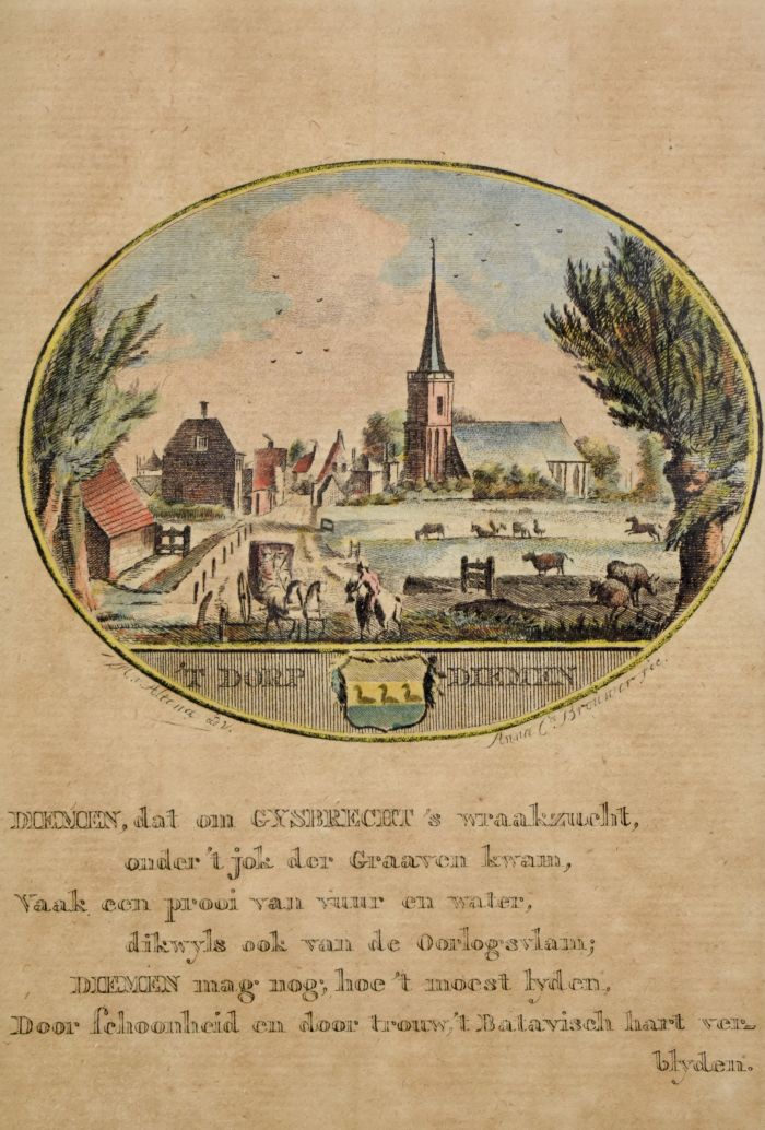 Amsterdam - Dorp DIEMEN. Anna C. Brouwer 1796. Antieke Kopergravure ...