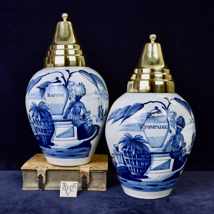 Two Antique Dutch Blue and White Delft V.O.C. Tobacco Jars with Brass ...