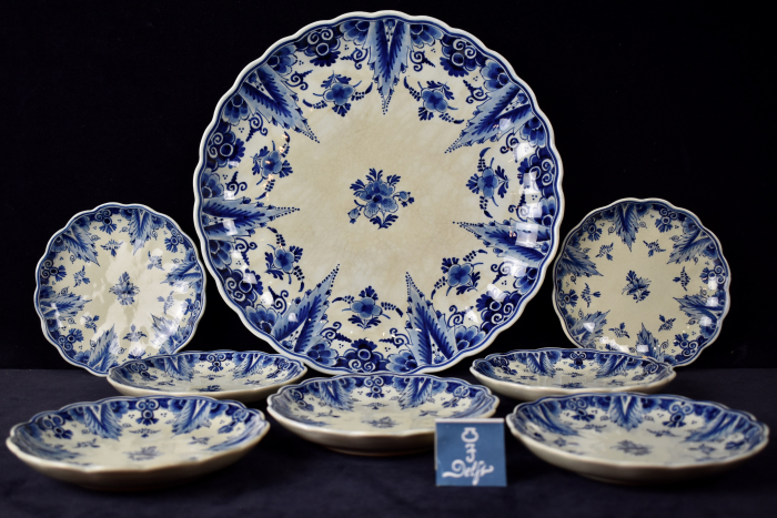 Set of Seven Dutch Blue & White Royal Delft Hand Painted Small Rimmed ...