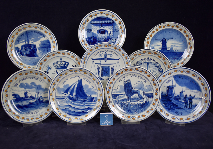 Very Rare Set of 10 Antique Dutch Blue, Orange & White Royal Delft ...
