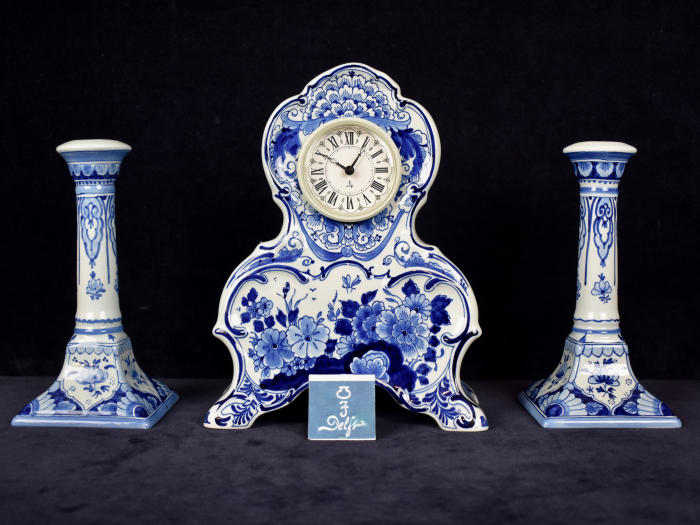 Dutch Blue & White Royal Delft Clock Set. Mantel Clock & Two Candle ...