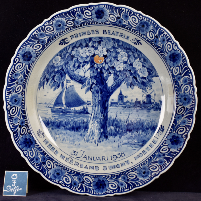 Large Dutch Blue, White & Orange Royal Delft Commemorative Plate. Birth ...