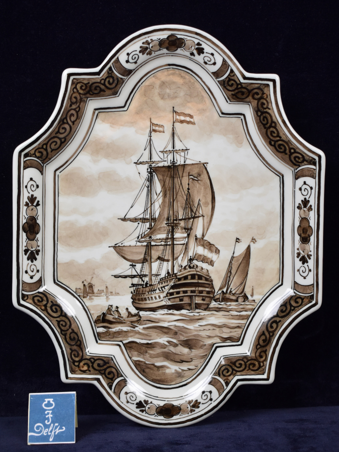 Rare Dutch Royal Delft Delsepia Maritime Plaque with Dutch 18th Century ...