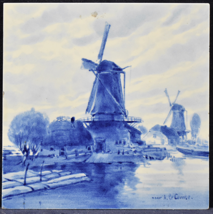 Dutch Blue & White Royal Delft Framed Plaque with Windmill After A. Le ...