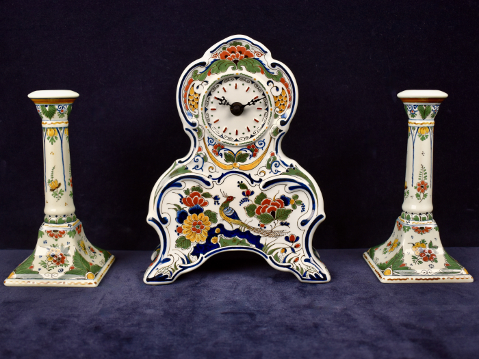 Dutch Polychrome Royal Delft Clock Set. Mantel Clock & Two Candle ...