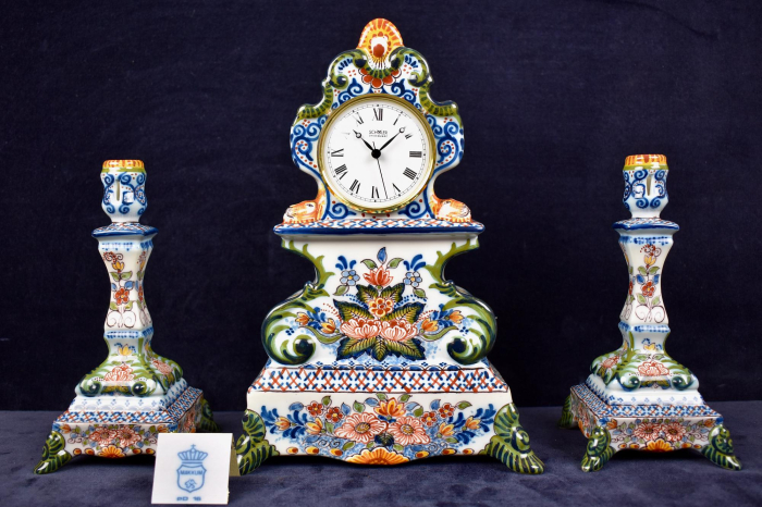 Dutch Polychrome Royal Makkum Delft Clock Set. Mantel Clock & Candle ...