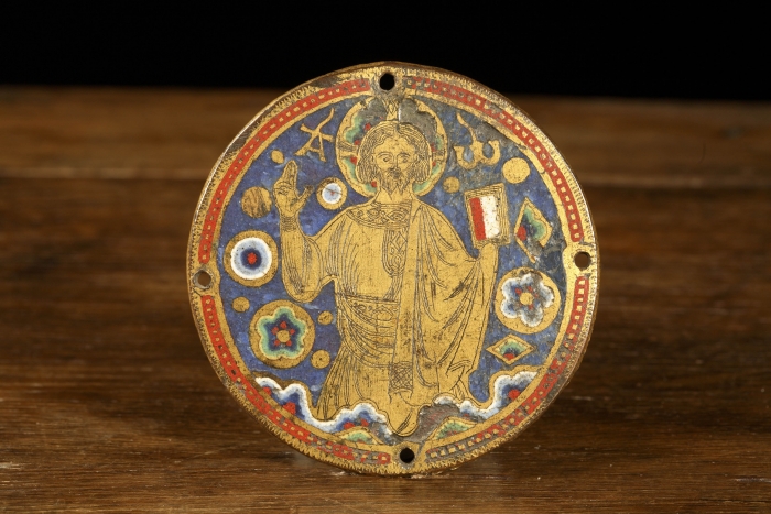 Enamelled medieval roundel with Christus Salvator | ArtListings